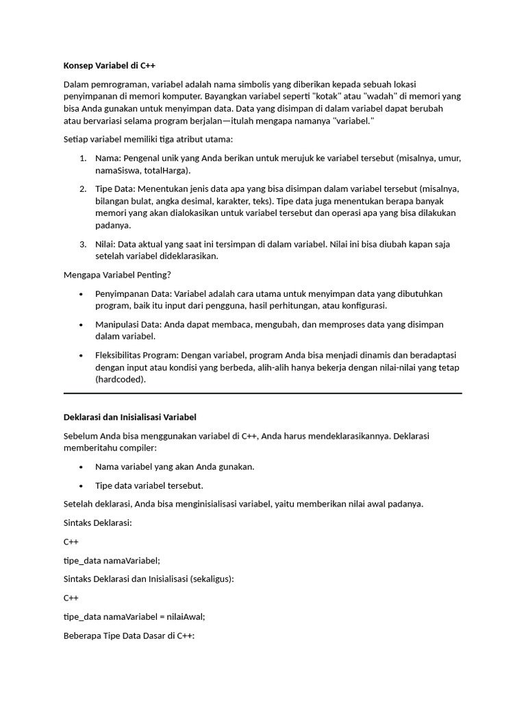 Konsep Variabel di Contohnya pada dev c++ | PDF