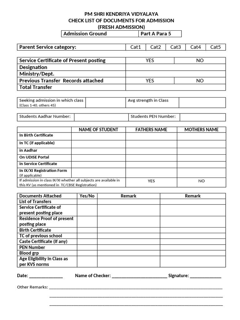 KVS Admission Document Checklist | PDF