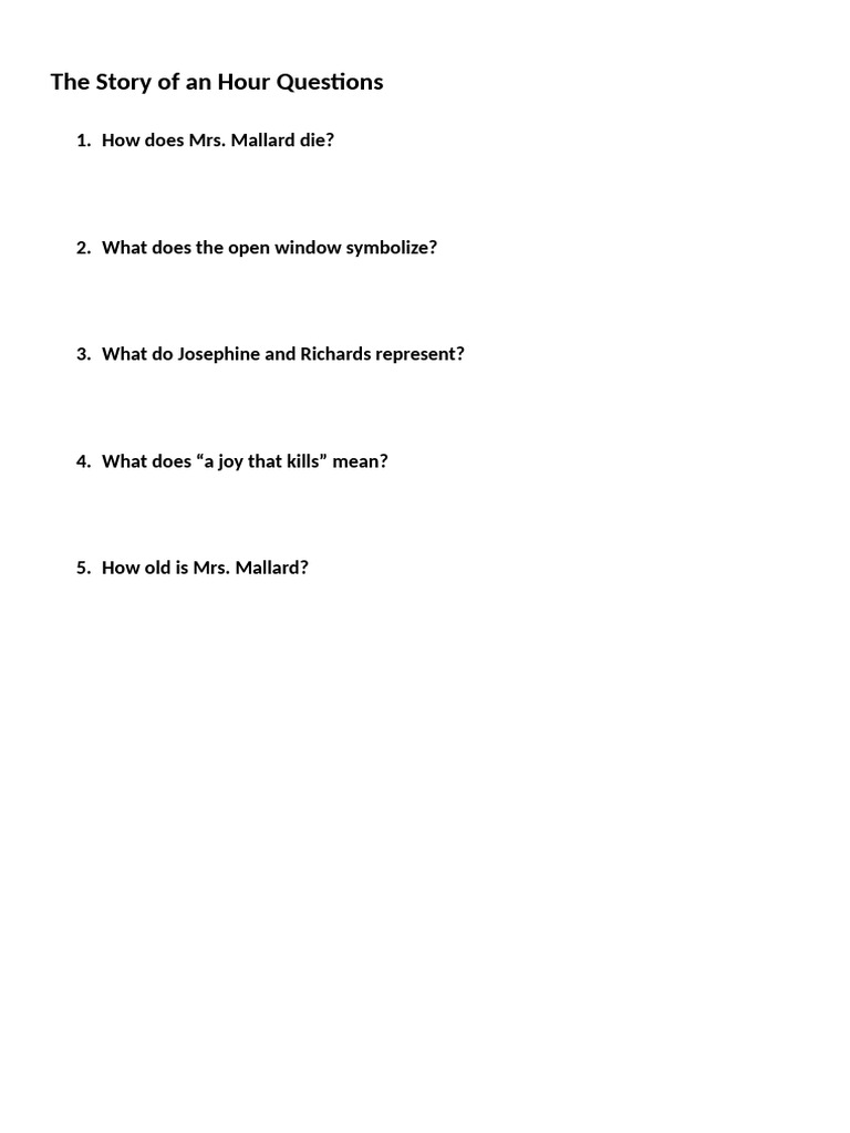 The Story of An Hour Questions | PDF