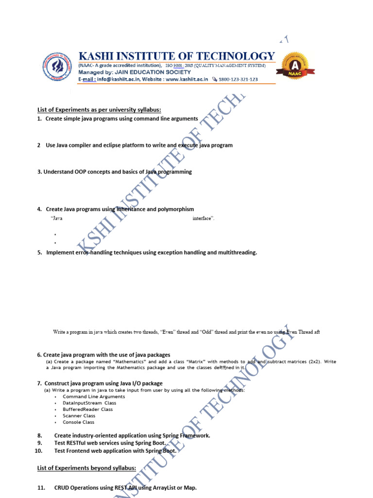 Java Lab Experiments For Section A, B, C and AIML | PDF | Class (Computer Programming) | Java ...