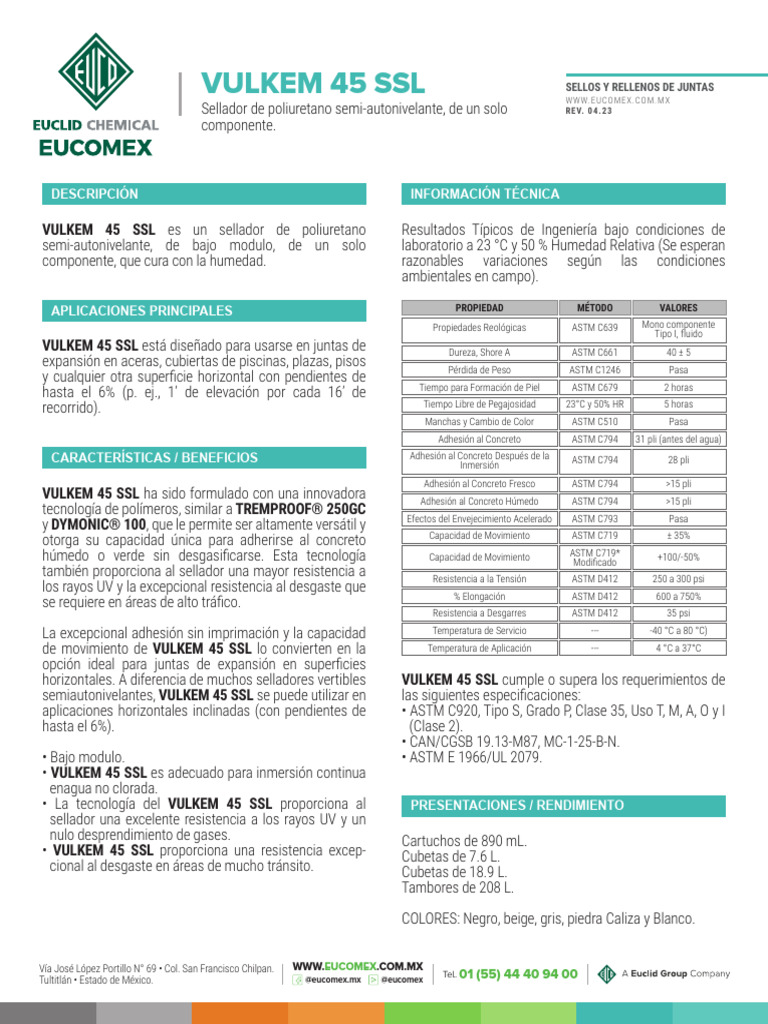 Vulkem 45 SSL | PDF | Hormigón | Materiales
