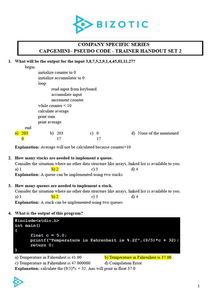 Capgemini 2024 - Pseudo Code Trainer Handout Set 2 | PDF | Summation | C (Programming Language)