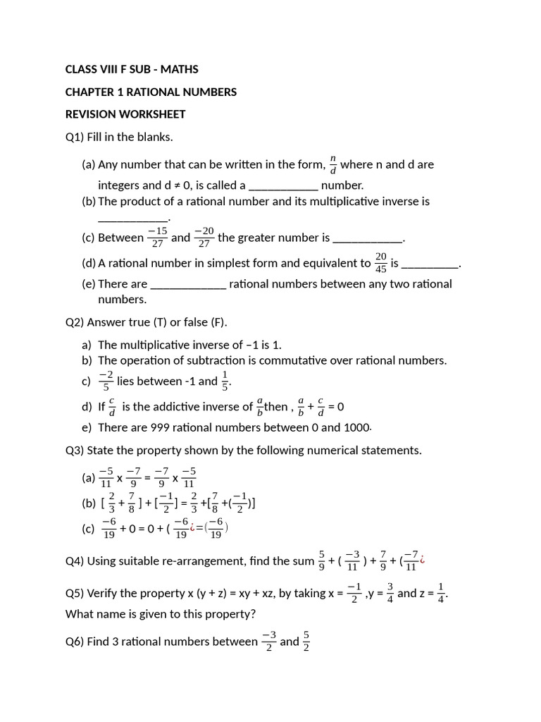Class Viii F Sub Revision Worksheet | PDF | Rational Number | Number Theory