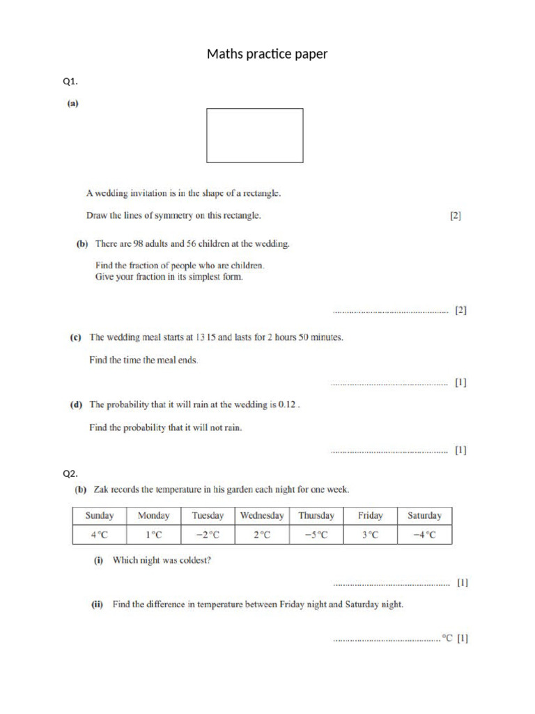 Maths practice paper grade 7 and grade 8 | PDF