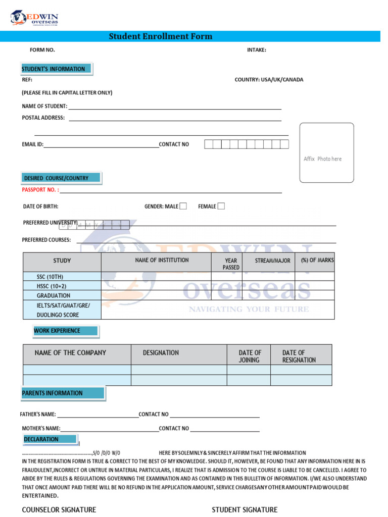 Student Enrollment Form | PDF | Travel Visa