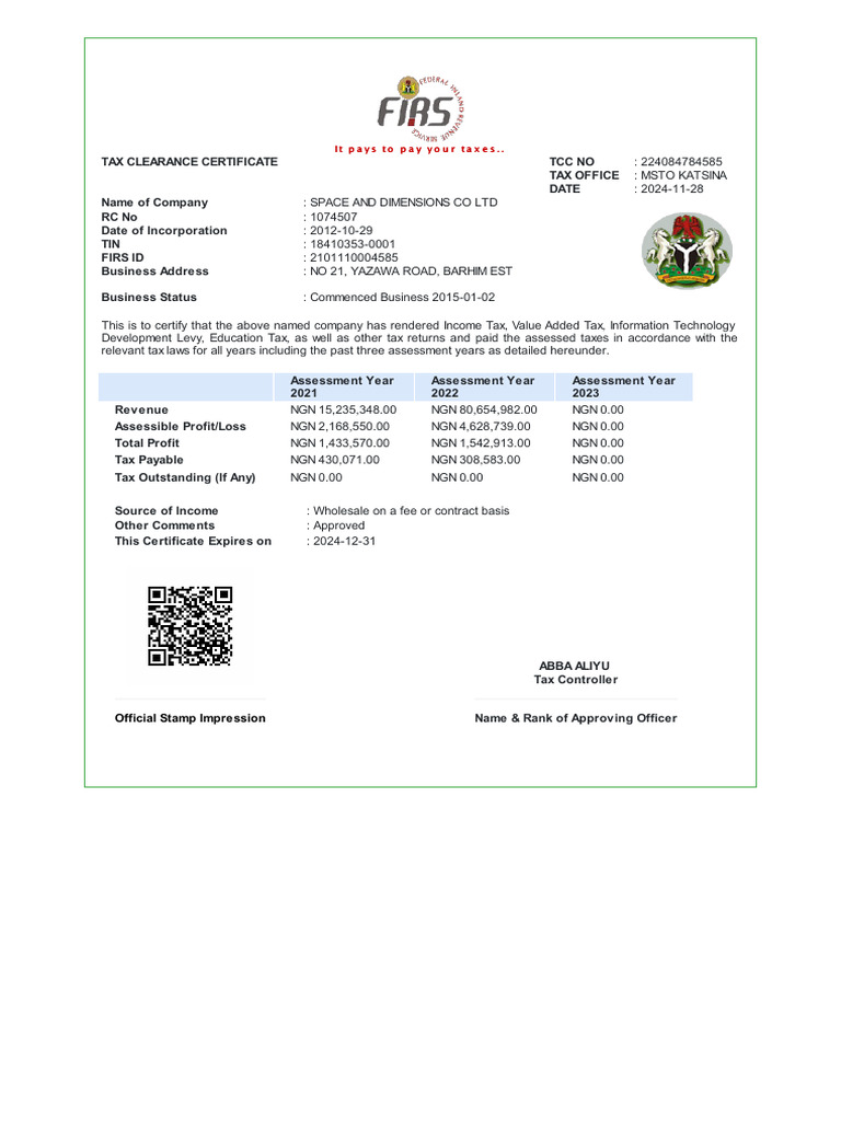 Tax Clearance Certificate for 2024 | PDF