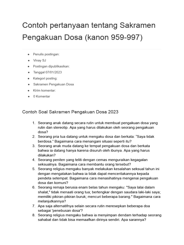 Contoh Pertanyaan Tentang Sakramen Pengakuan Dosa (Kanon 959-997) | PDF