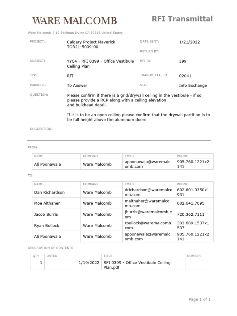 RFI 0399: Office Vestibule Ceiling Plan | PDF