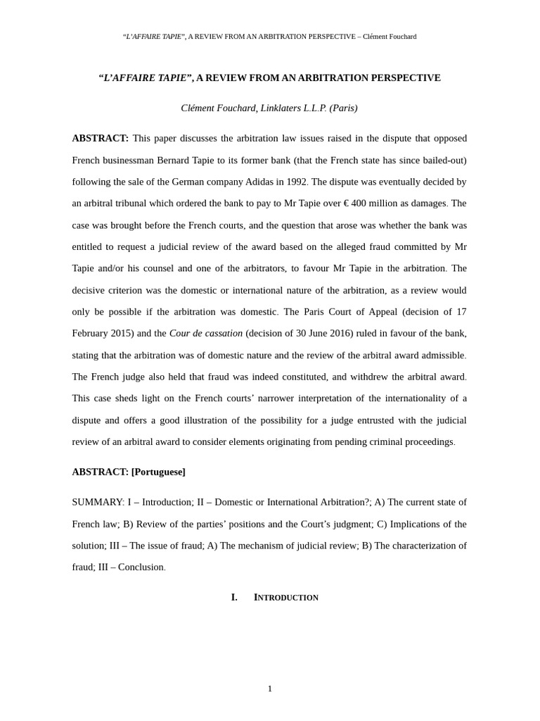 The Tapie Case - A Commentary | PDF | Arbitration | Judgment (Law)