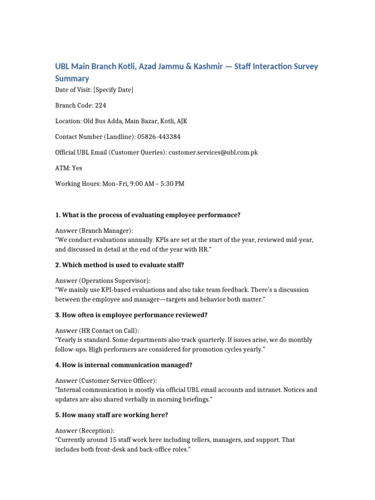 UBL Staff Interaction Survey Summary | PDF