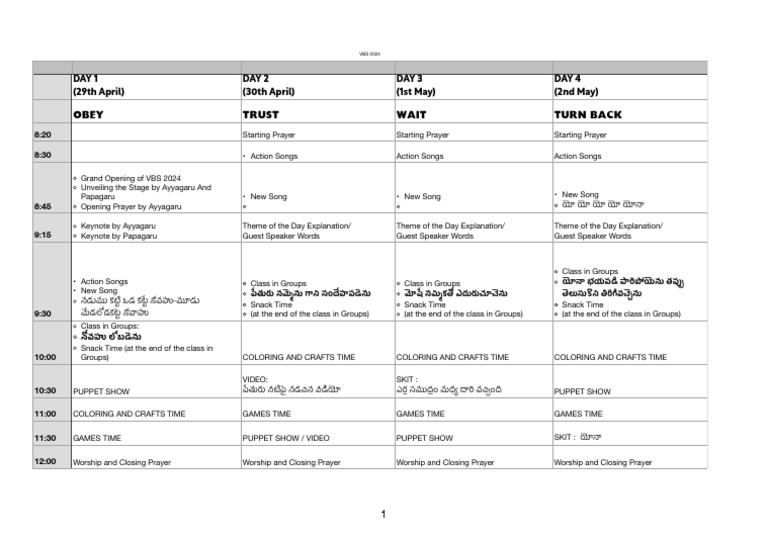 VBS 2024 Detailed Programme Schedule | PDF