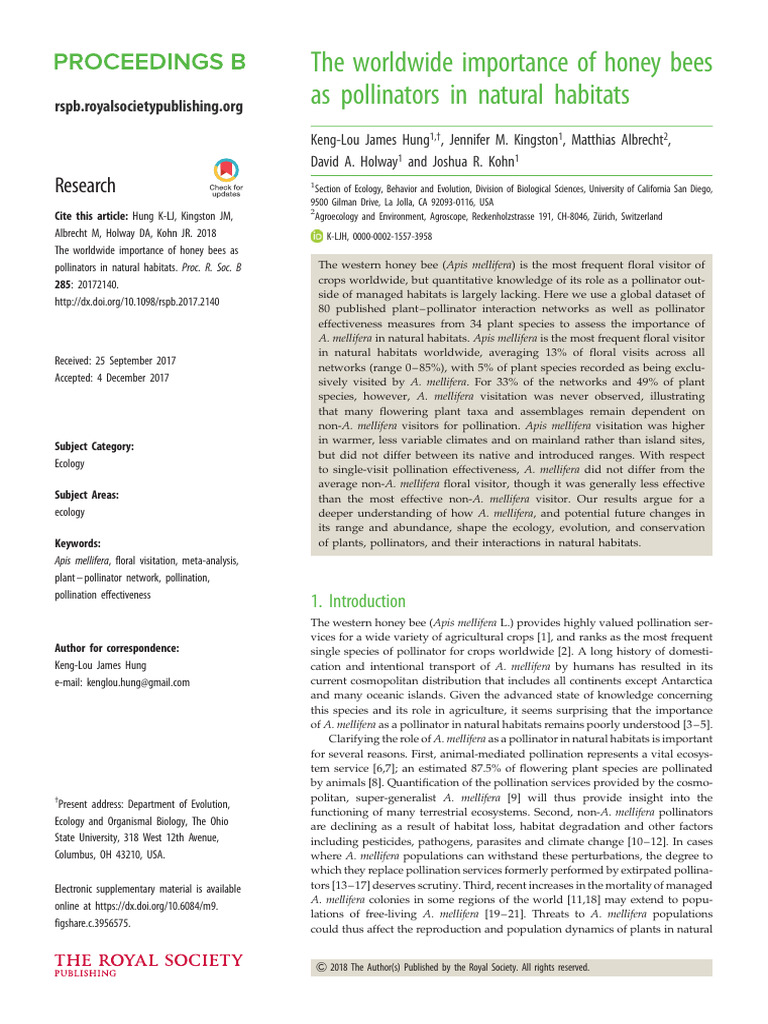 Hung Et Al The Worldwide Importance of Honey Bees As Pollinators in ...