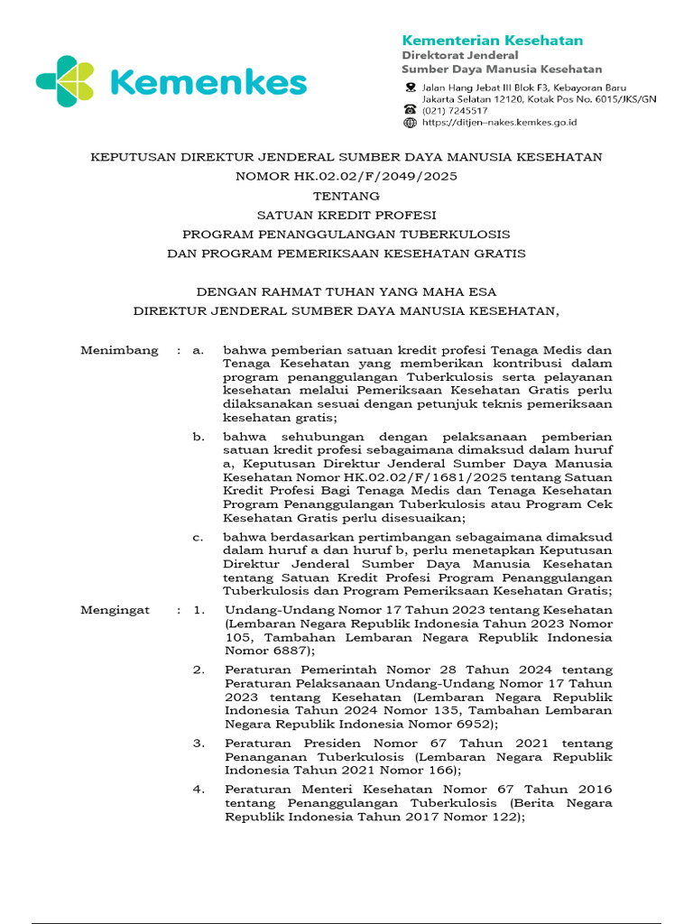 SK Kep Dirjen SDMK Tentang SKP Tambahan Untuk SDMK Program TB Dan | PDF