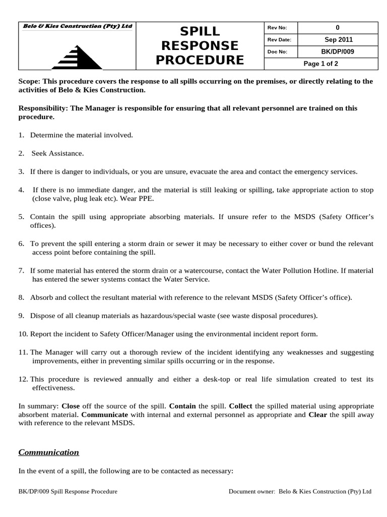 Emergency Spill Response Protocol | PDF | Emergency | Safety
