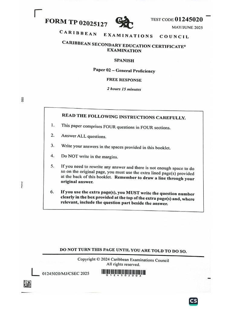 CSEC Spanish Paper 2 - June 2025 | PDF