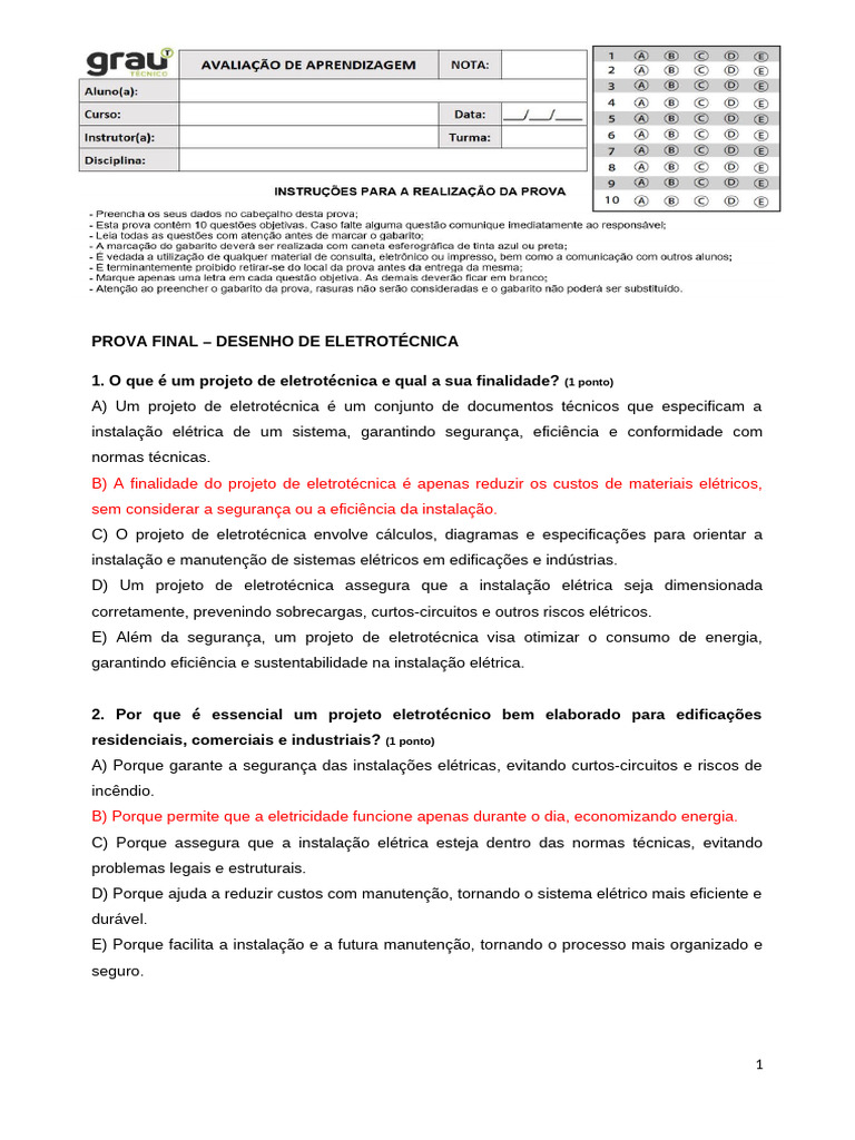 Prova Final - Desenho de Eletrotécnica - ELT 11 - Com Gabarito - Eldorado | PDF | Engenharia de ...