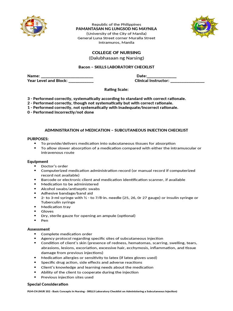 ADMINISTERING A SUBCUTANEOUS INJECTION Checklist | PDF | Injection ...