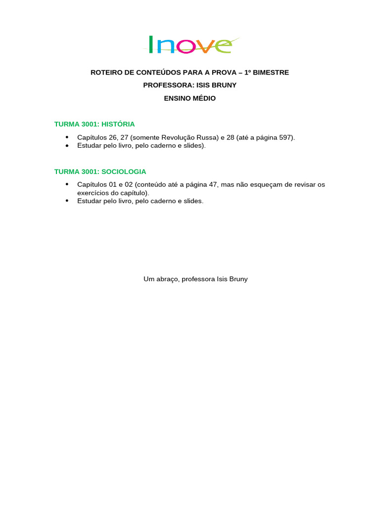 Roteiro de Conteúdos para A Prova 1B - Ensino Médio 3001 | PDF