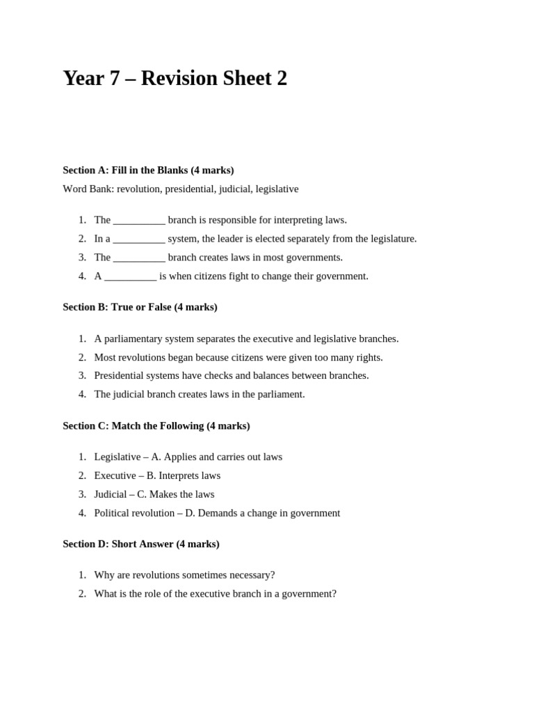 Year 7 - Revision Sheet 2 | PDF