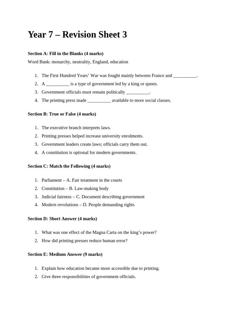 Year 7 - Revision Sheets 3 | PDF