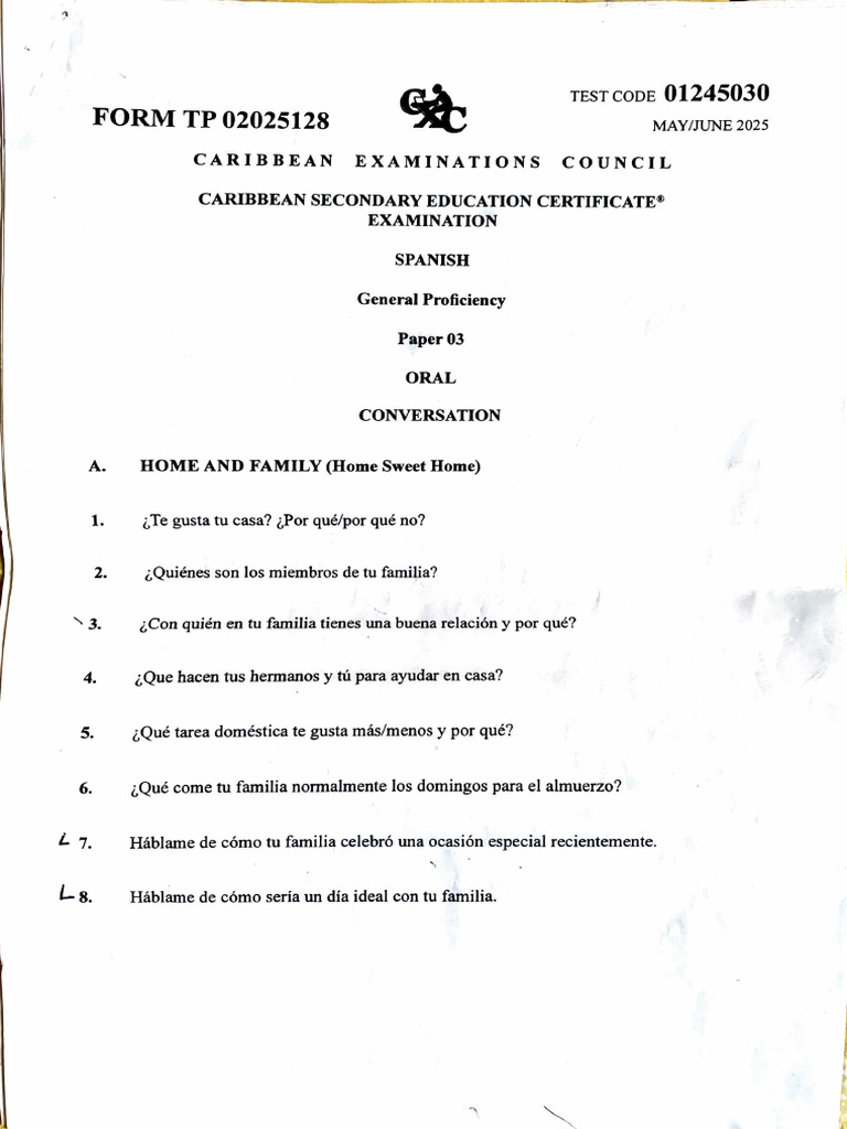2025 CXC CSEC Spanish Oral Conversation Questions | PDF