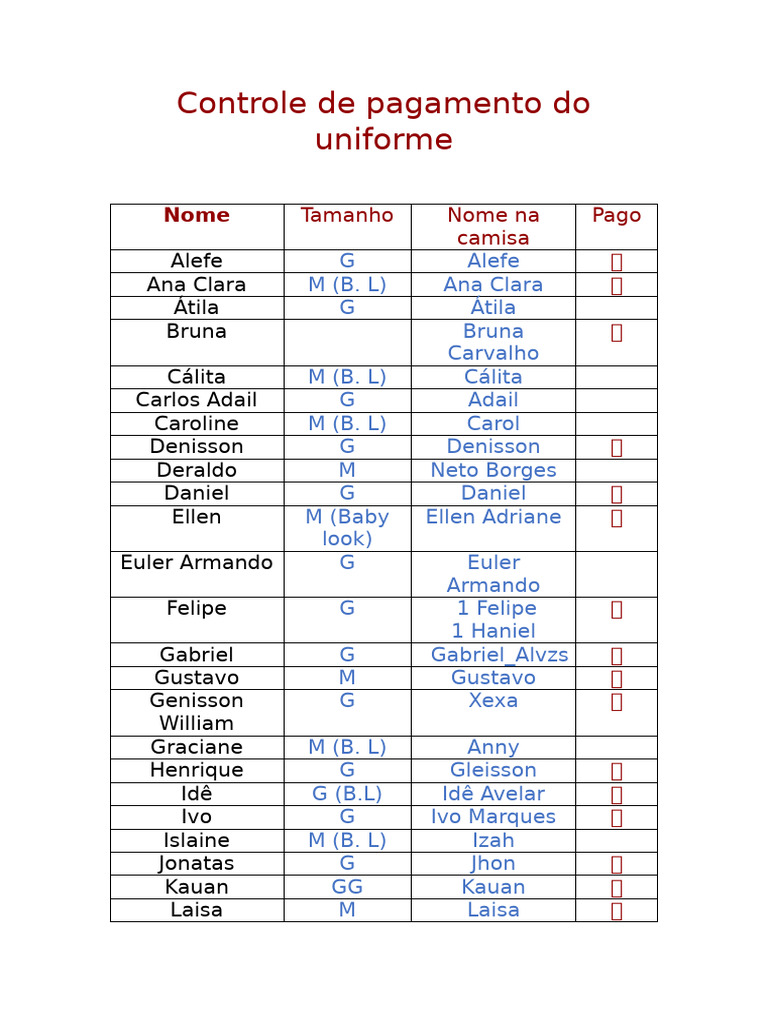 Controle de Pagamento de Uniformes | PDF