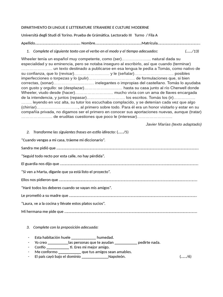 Prueba de Gramática T3. 2023. Fila A | PDF