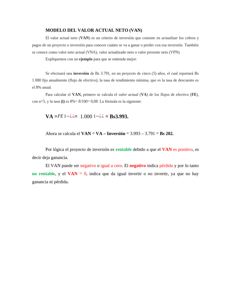 Ejemplo de Valor Actual Neto (VAN) | PDF