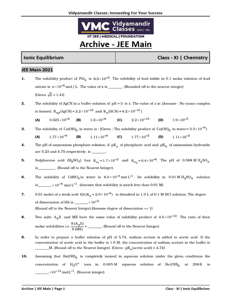 Archive - JEE Main: Ionic Equilibrium Class - XI - Chemistry | PDF | Acid | Acid Dissociation ...