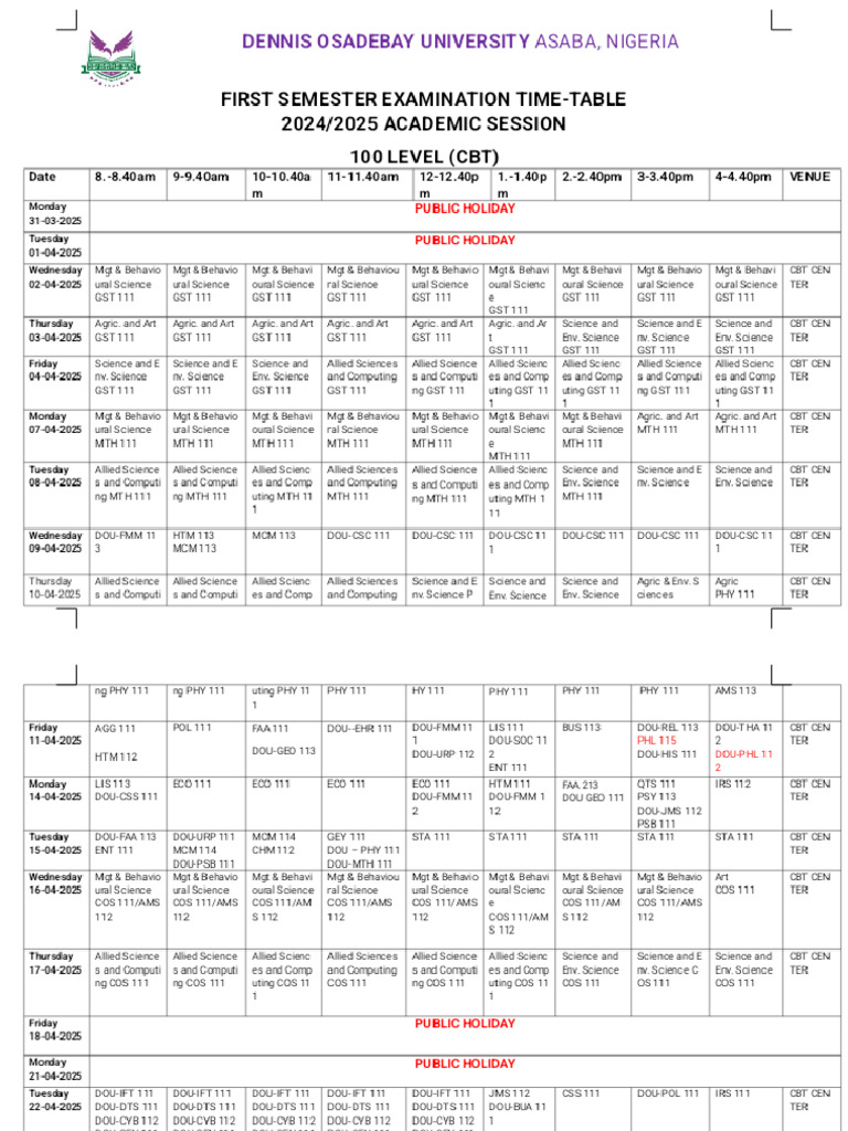 100 Level First Semester Examination Timetable 2024 2025 Academic Session 4 - Phoenix | PDF