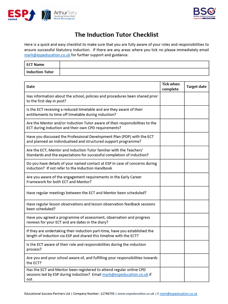 The Induction Tutor Checklist | PDF