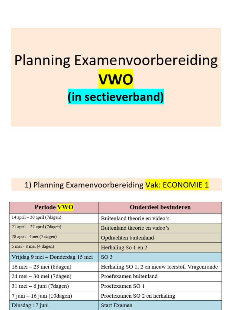 Planning VWO Examenvoorbereiding | PDF