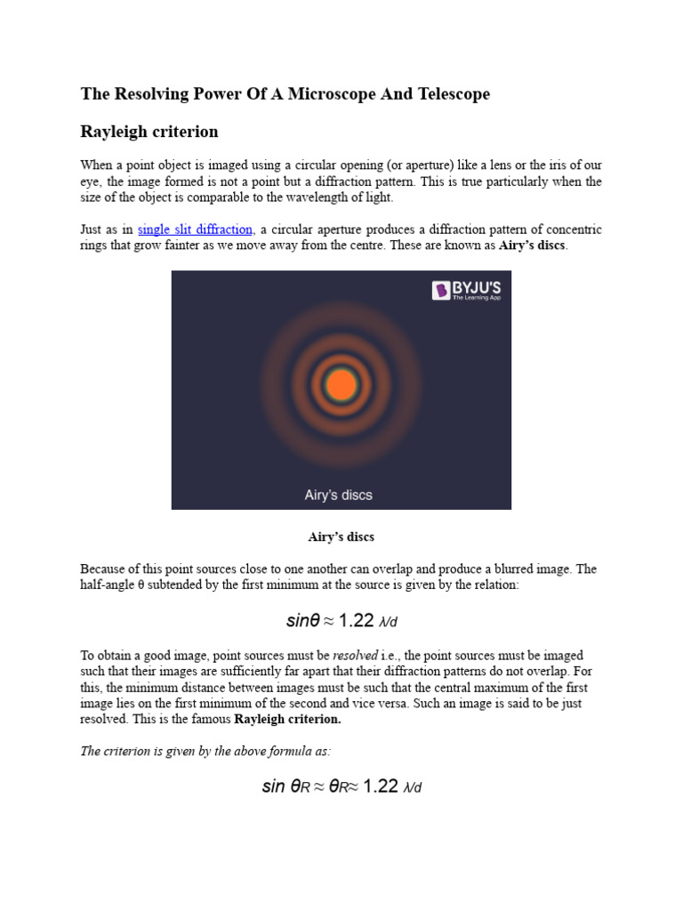 The Resolving Power of a Microscope and Telescope | PDF | Angular Resolution | Physical Sciences