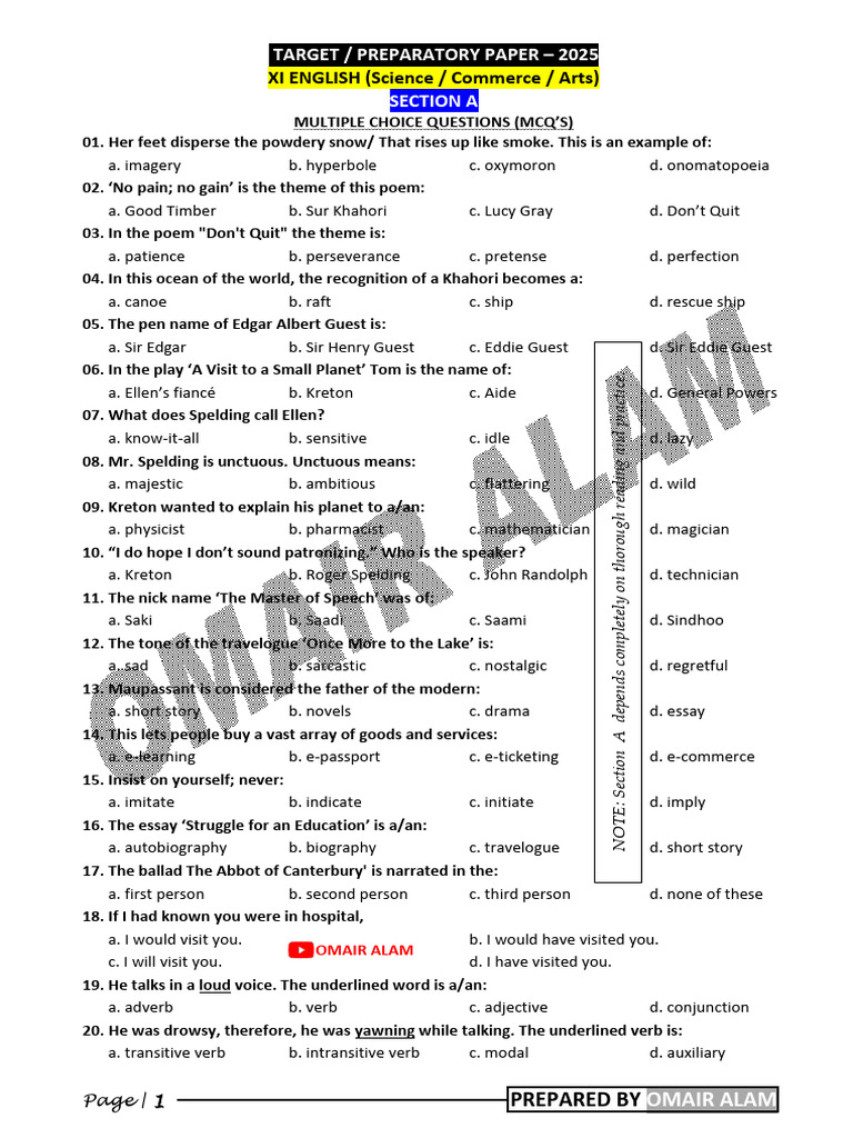 Target Paper 2025 XI English | PDF | Verb | Poetry