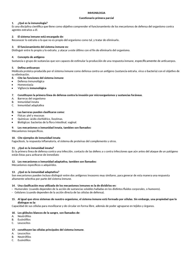 Inmuno Cuestionario Completo | PDF | Leucocito | Sistema inmune