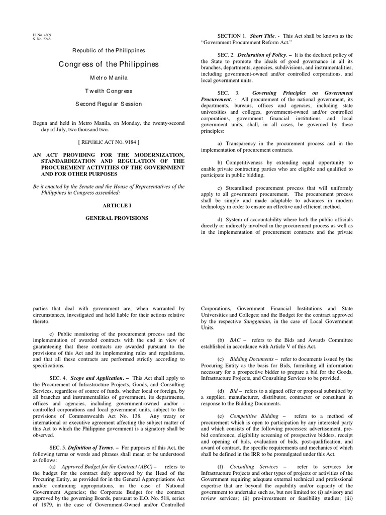 Republic Act 9184 (GPRA) | PDF