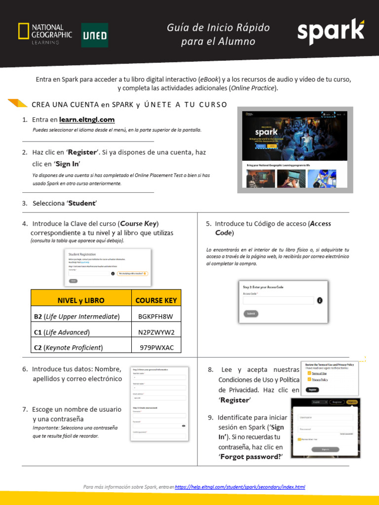 Spark - Student Quick Start Guide - Spanish - UNED Idiomas-1 | PDF | Aplicación movil | Contraseña
