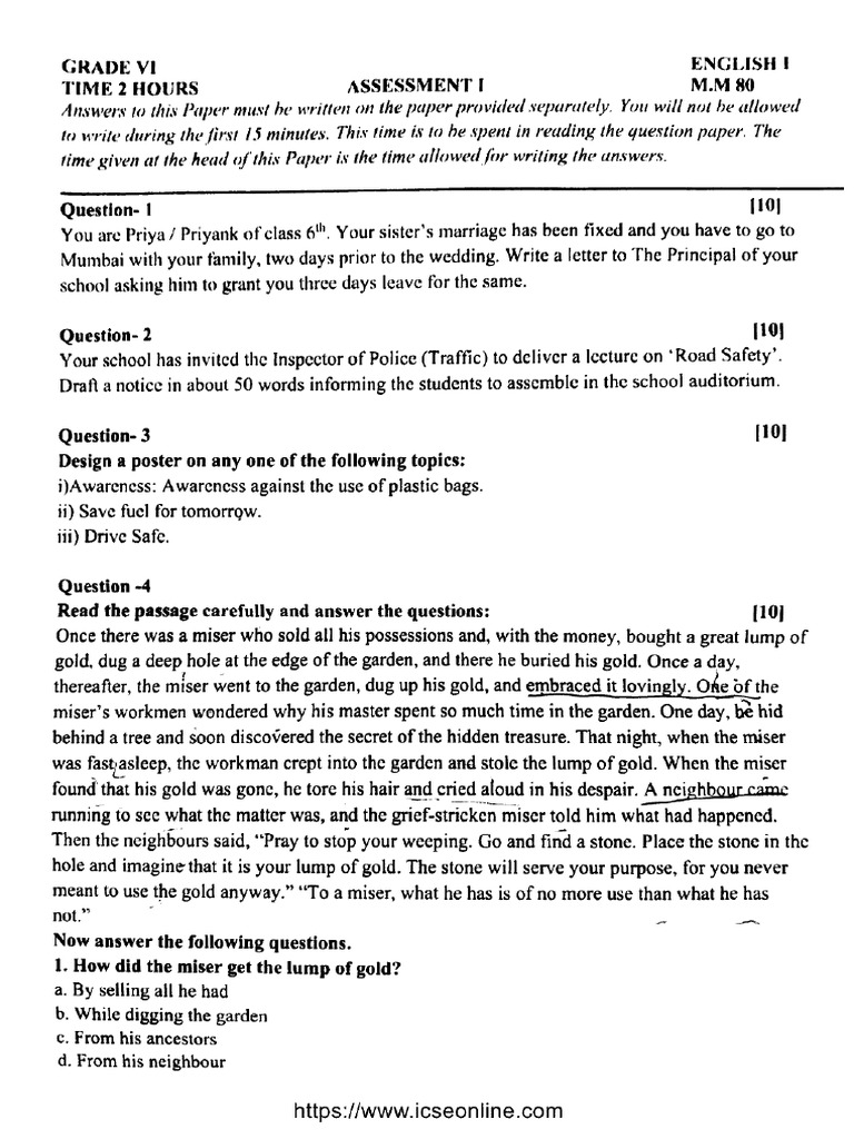 Icse Class 6 Assessment 1 English 1 070325 2025 | PDF