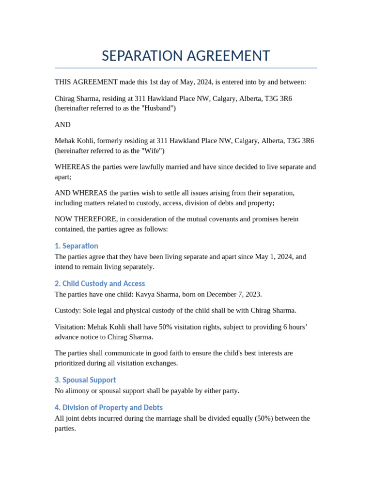 Separation Agreement Chirag Sharma Mehak Kohli | PDF | Alimony | Common Law