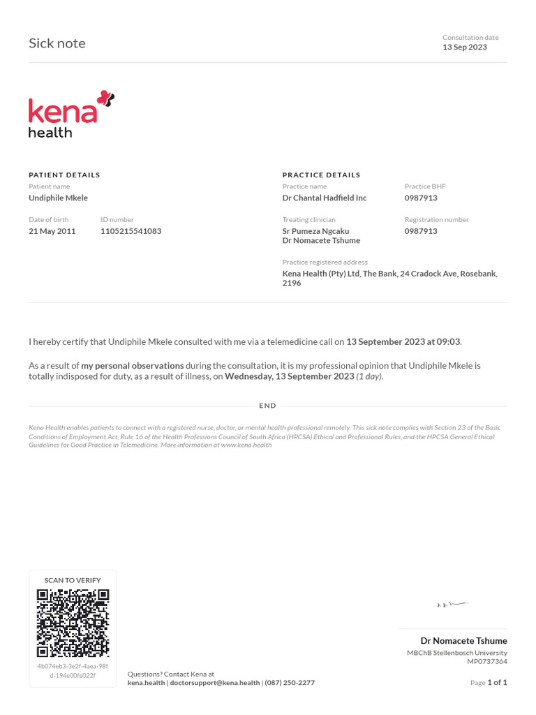 Sick Note Certification for Undiphile Mkele | PDF | Disability | Nursing