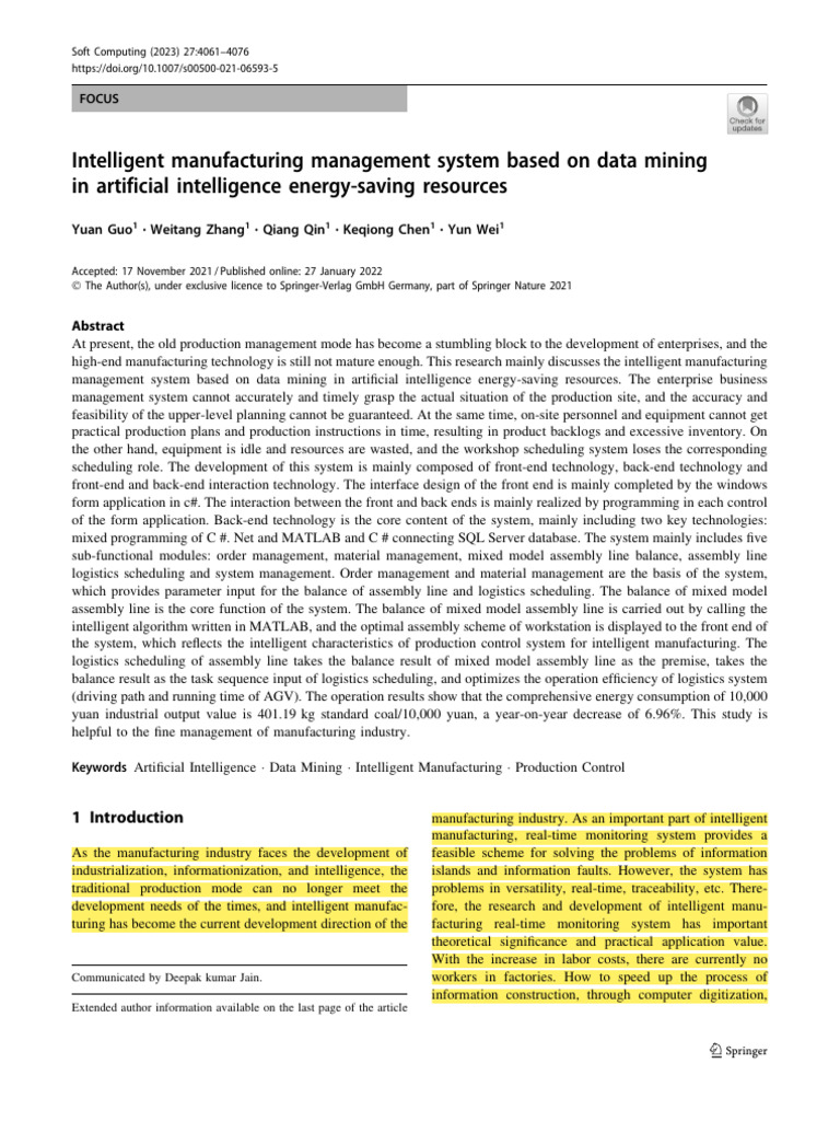 Intelligent manufacturing management system based on data minig in artificial intelligence ...