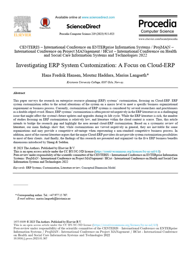Investigating ERP Systems Customization Afocus On Cloud ERP | PDF | Cloud Computing | Enterprise ...