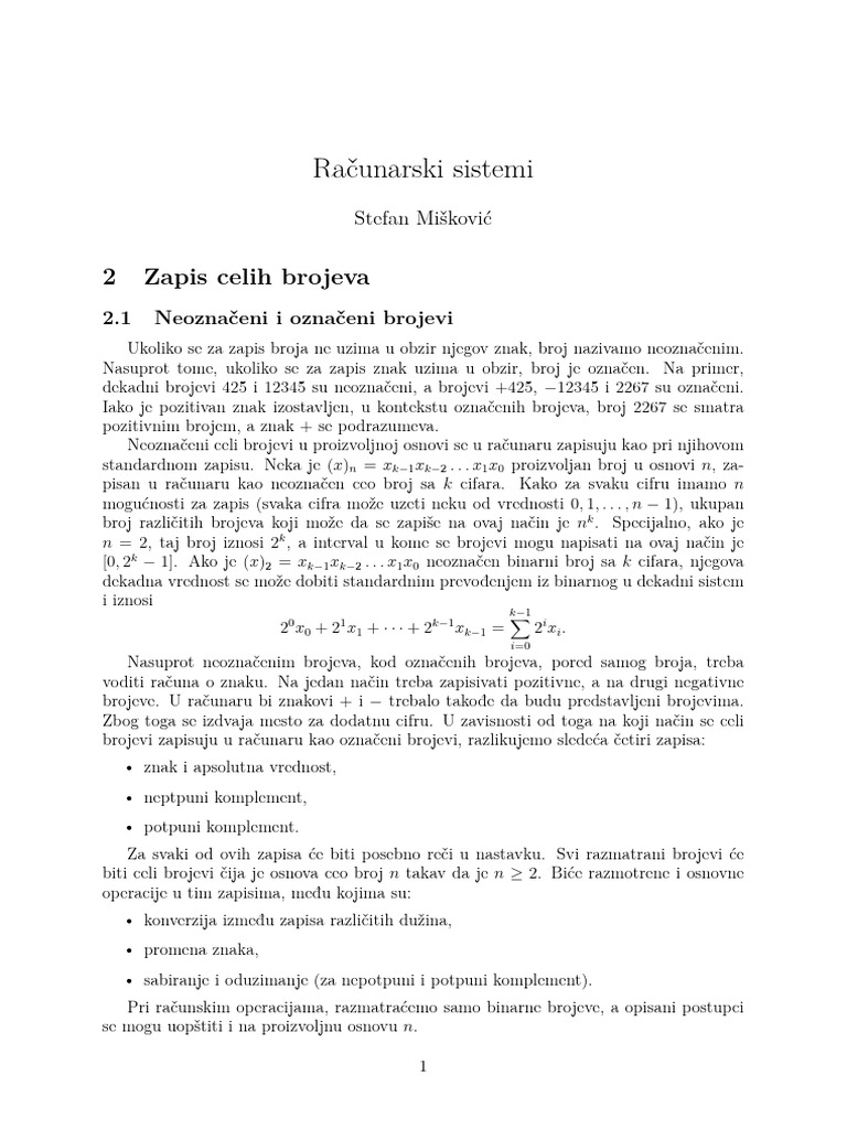 Računarski Sistemi: 2 Zapis Celih Brojeva | PDF