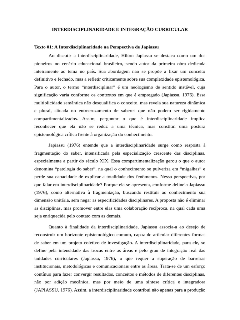 Textos bases - Inter | PDF | Interdisciplinaridade | Pedagogia