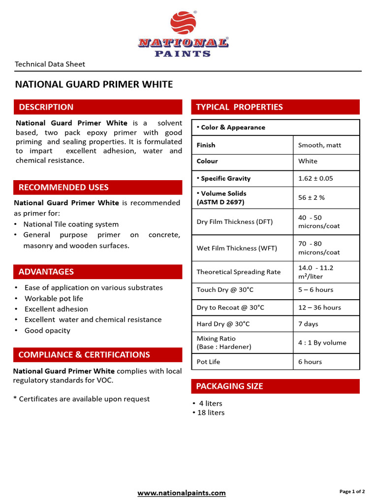 National Guard Primer White Data Sheet | PDF | Paint | Coating