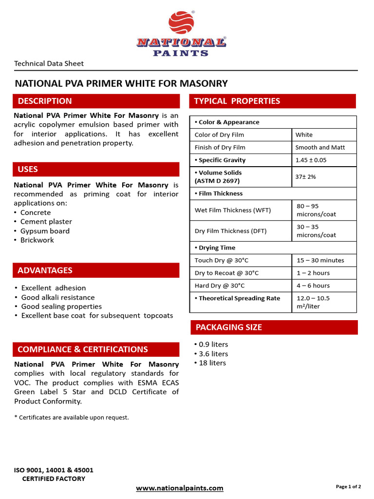 National PVA Primer Technical Data Sheet | PDF | Paint | Water