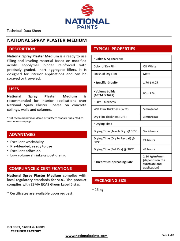 National Spray Plaster Medium Data Sheet | PDF | Plaster | Paint