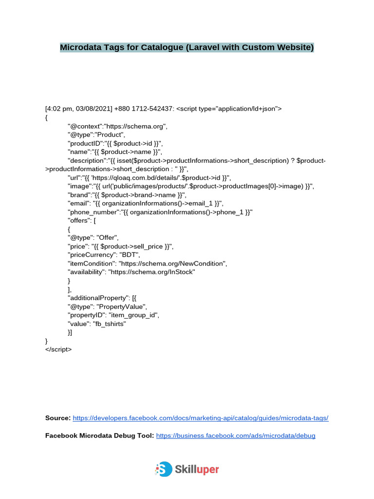 Microdata Tags For Catalogue (Laravel With Custom Website) | PDF