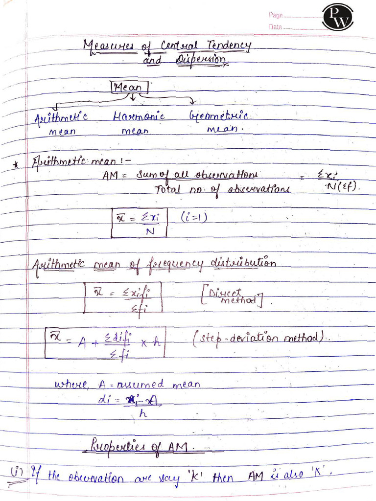 Measures of Central Tendency and Dispersion - Handwritten Notes | PDF ...