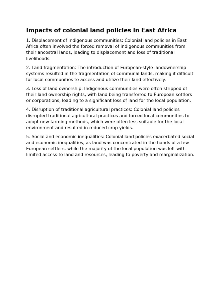 Impacts of Colonial Land Policies in East Africa | PDF